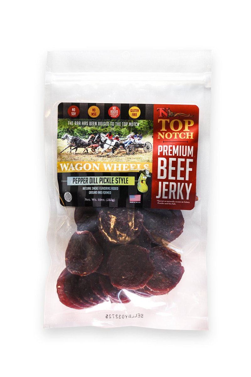 Pepper Dill Pickle Wagon Wheels Natural Beef Jerky Top Notch Jerky